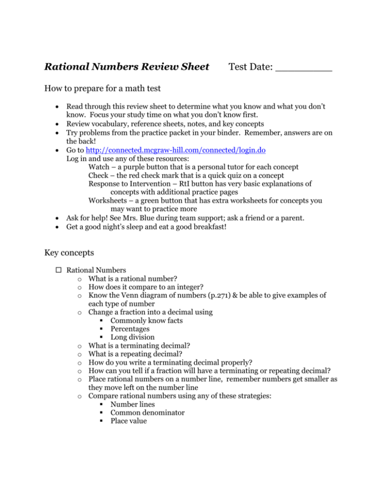 Rational Numbers Review Sheet Rational Numbers Review Sheet