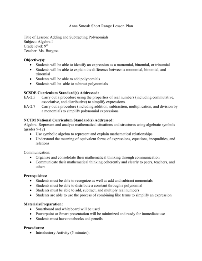 Adding And Subtracting Polynomials Lesson Plan