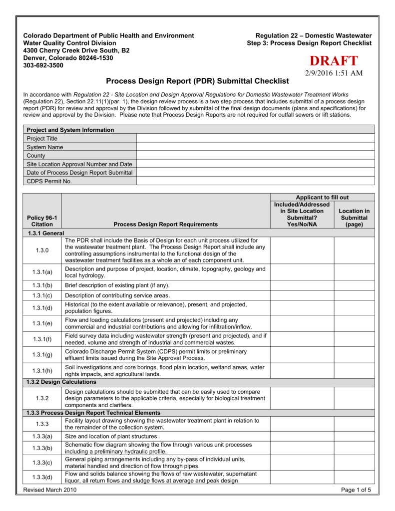 Process Design Report Submittal Checklist Process Design Report Submittal Checklist