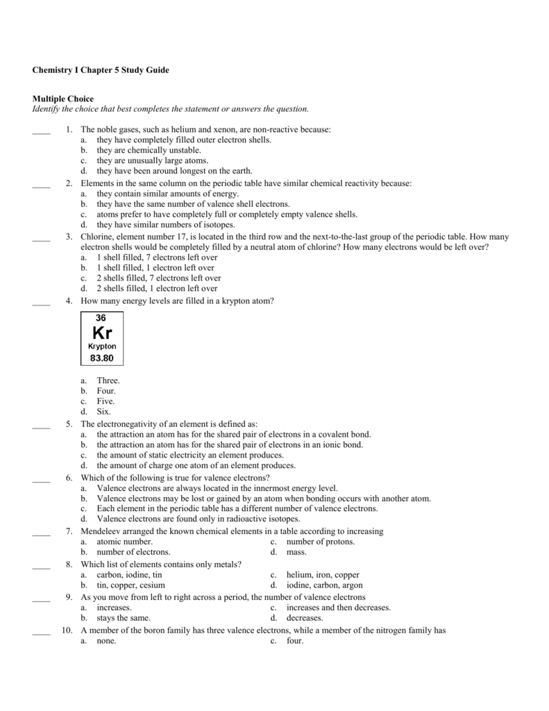Chemistry I Chapter 5 Study Guide With Answers Chemistry I Chapter 5 Study Guide With Answers