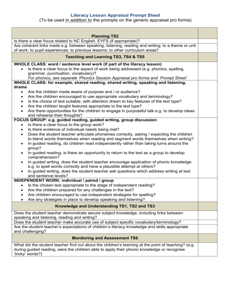 Literacy Lesson Appraisal Prompt Sheet