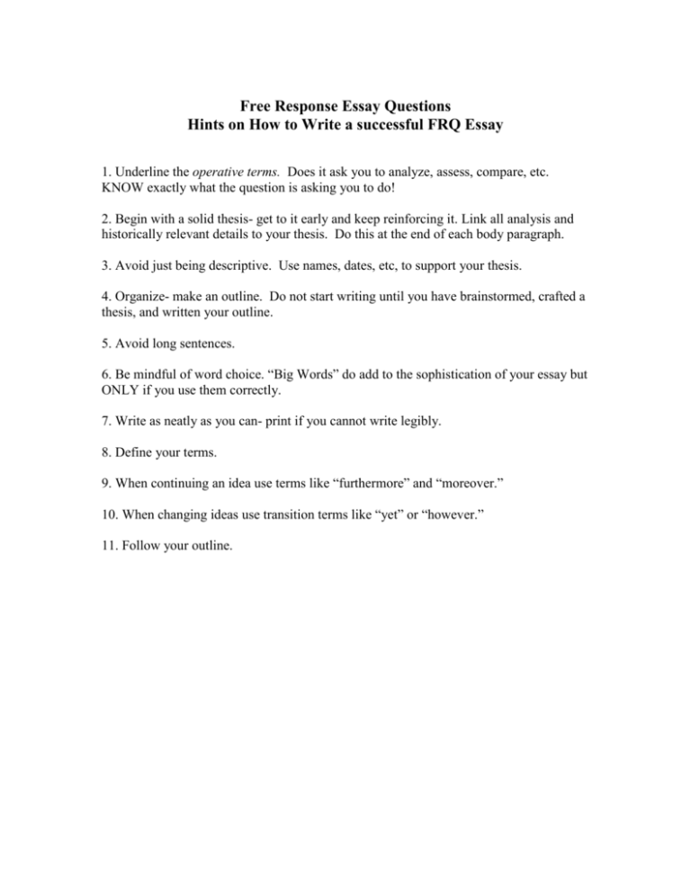 Free Response Essay Questions Free Response Essay Questions