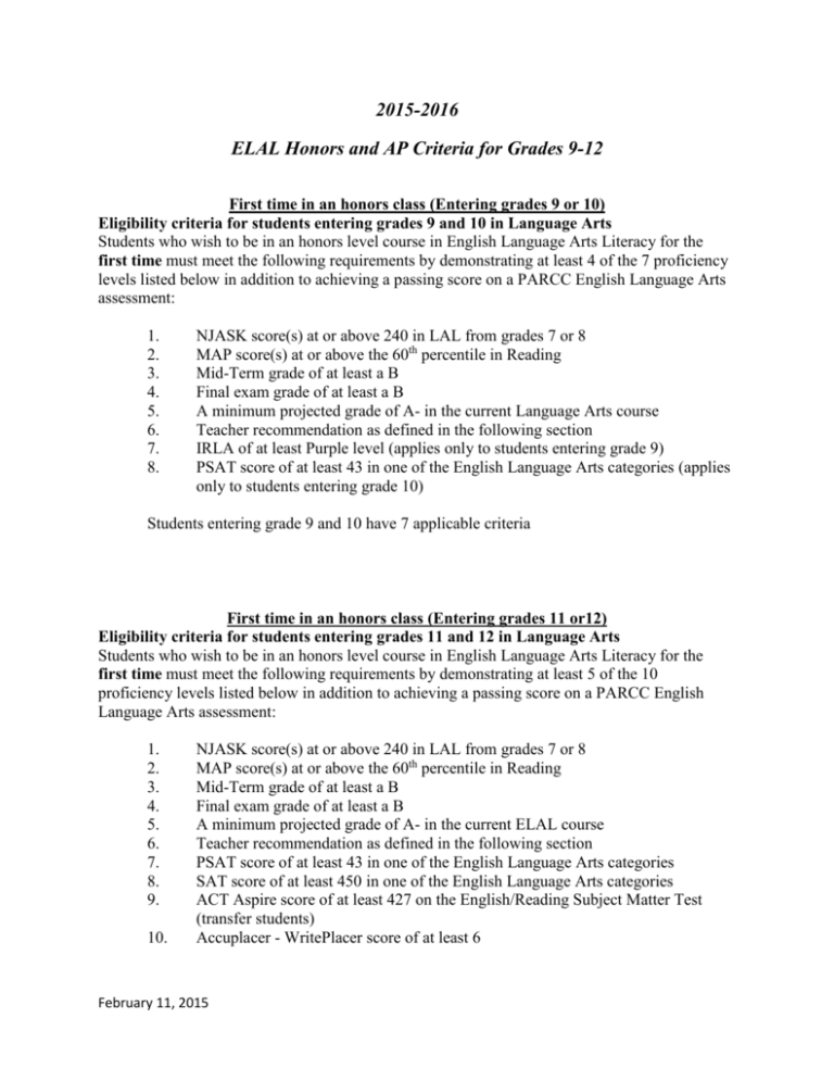 2015 2016 ELAL Honors And AP Criteria For Grades 9 12 2015 2016 ELAL Honors And AP Criteria For Grades 9 12