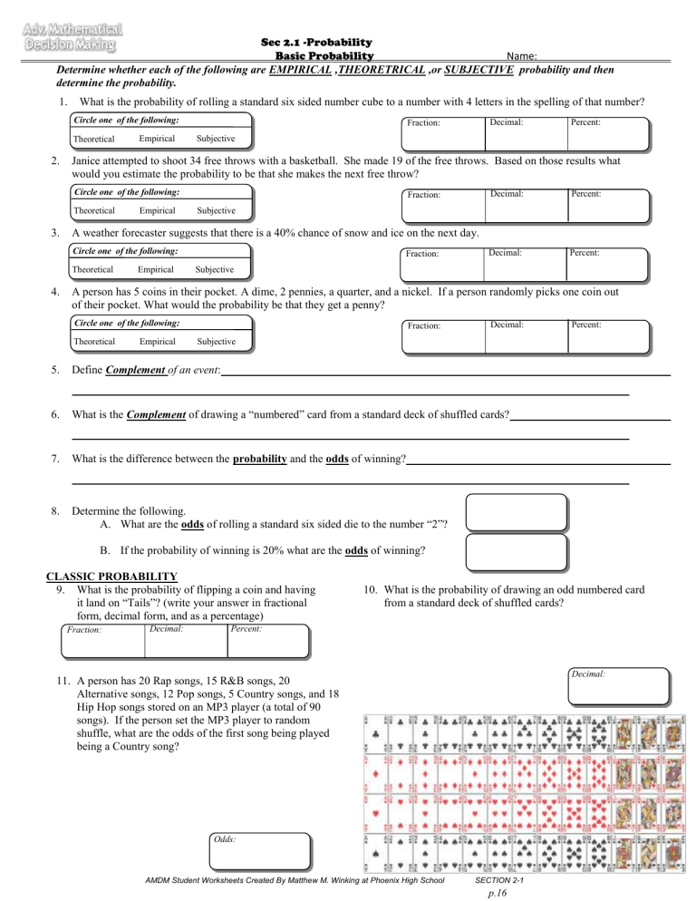 Probability Worksheet: Basic Concepts & Problems