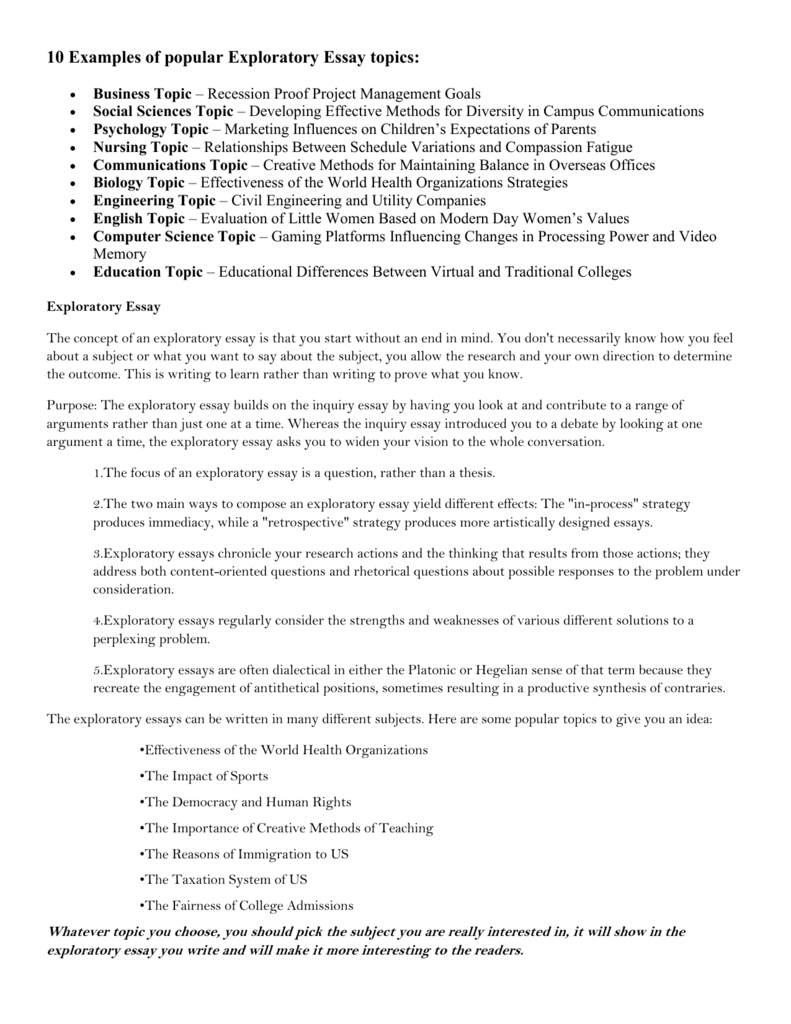 10 Examples Of Popular Exploratory Essay Topics 10 Examples Of Popular Exploratory Essay Topics