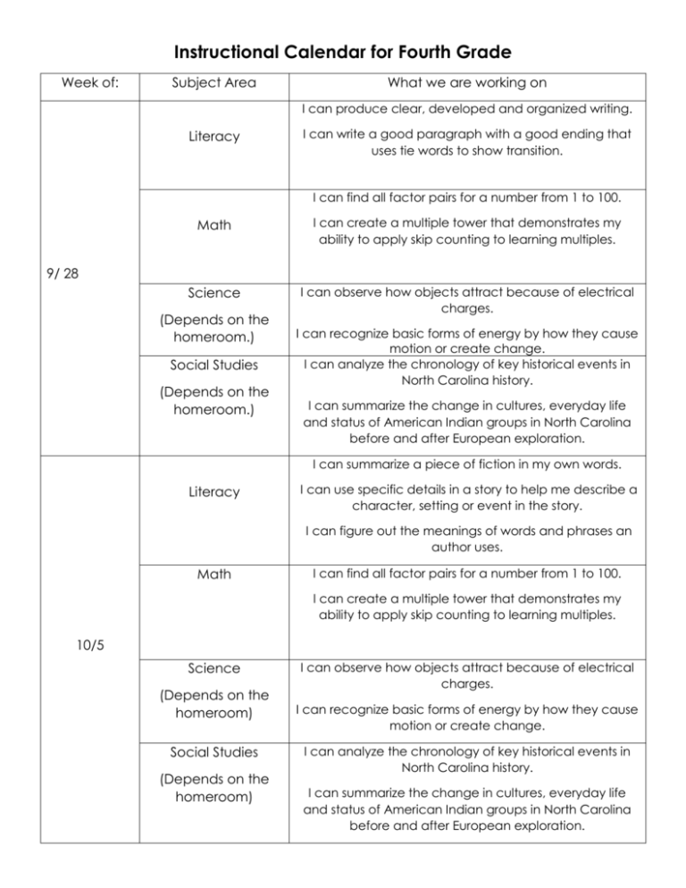 Instructional Calendar Fourth Grade Q1 Instructional Calendar Fourth Grade Q1