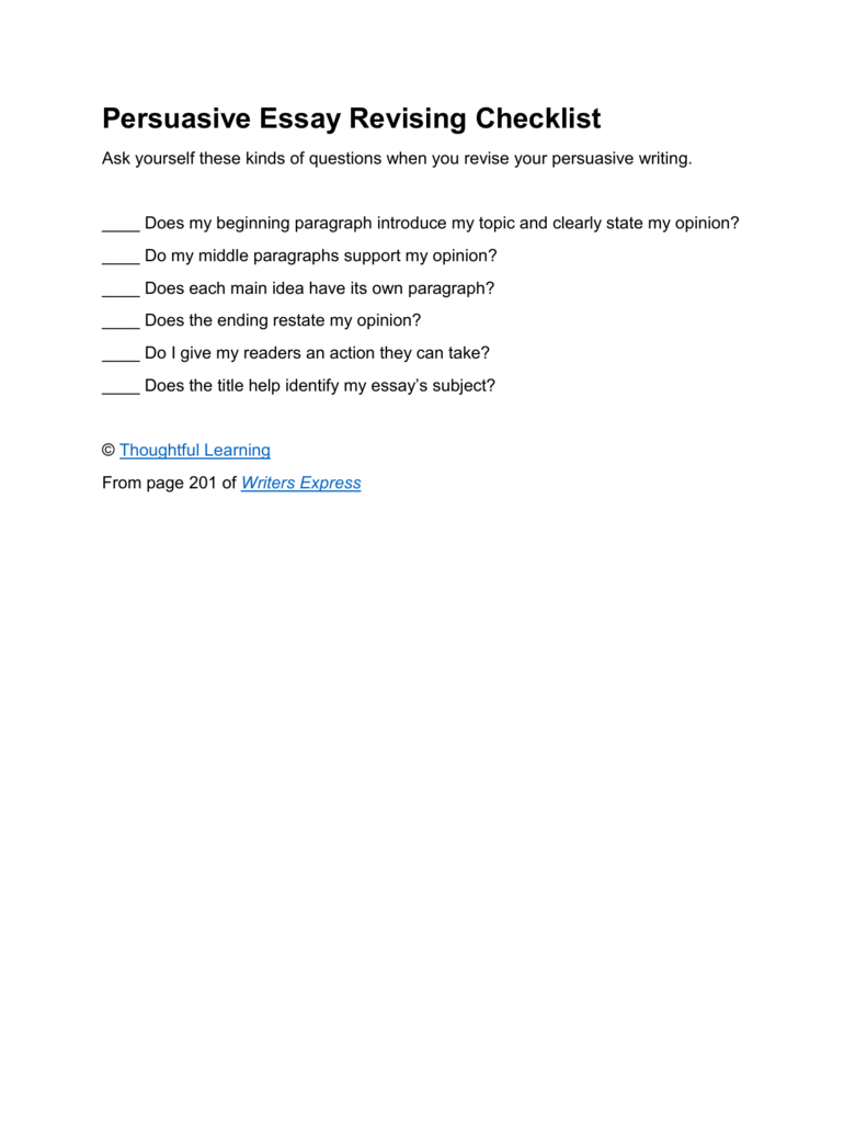Persuasive Essay Revising Checklist Persuasive Essay Revising Checklist