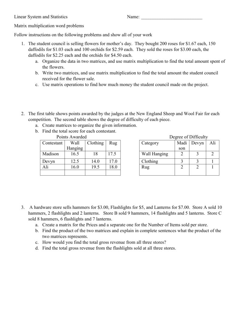 Matrix Multiplication Word Problems
