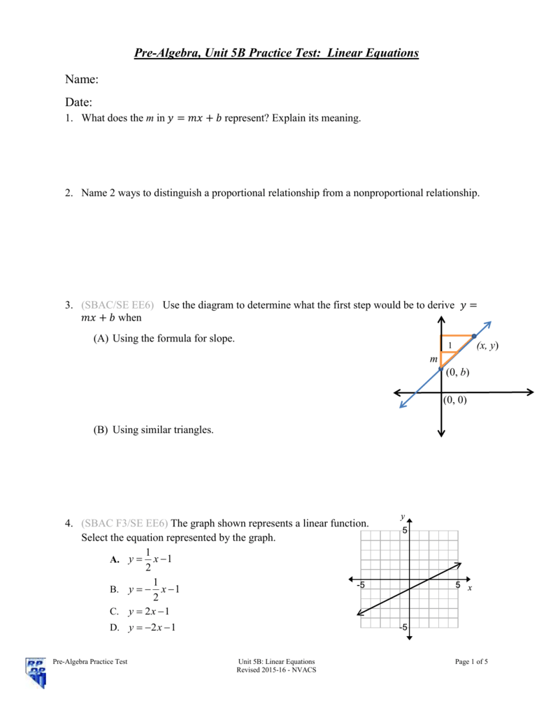Unit 5B PRACTICE TEST Linear Equations Word 