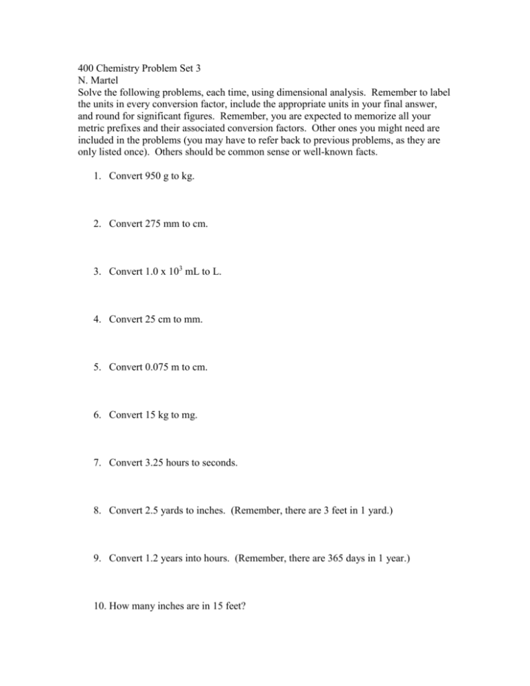 400 Chemistry Problem Set 3