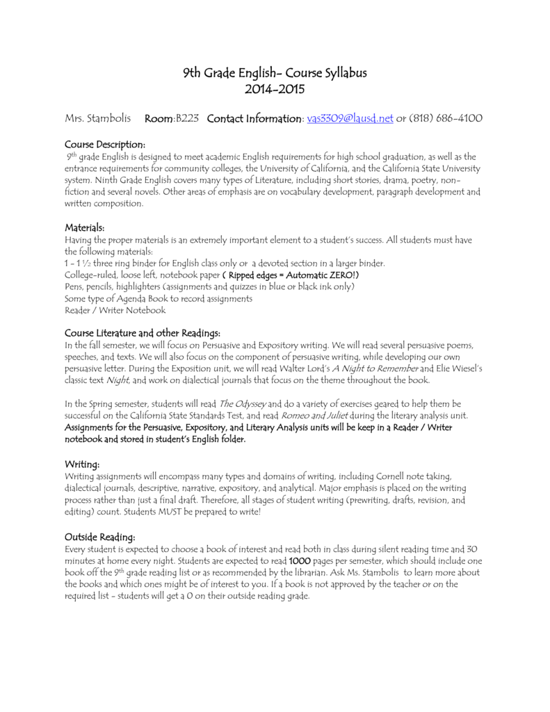 9th Grade English Syllabus 2014