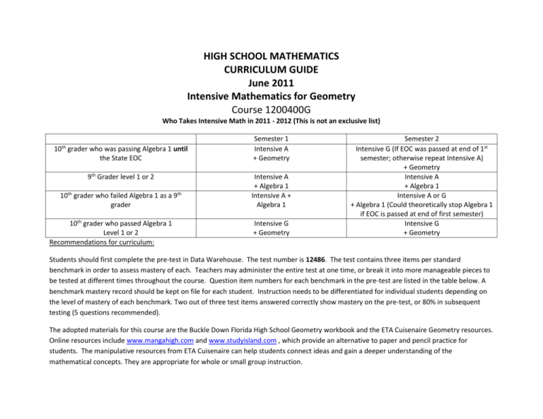 HIGH SCHOOL MATHEMATICS CURRICULUM GUIDE June 2011 HIGH SCHOOL MATHEMATICS CURRICULUM GUIDE June 2011