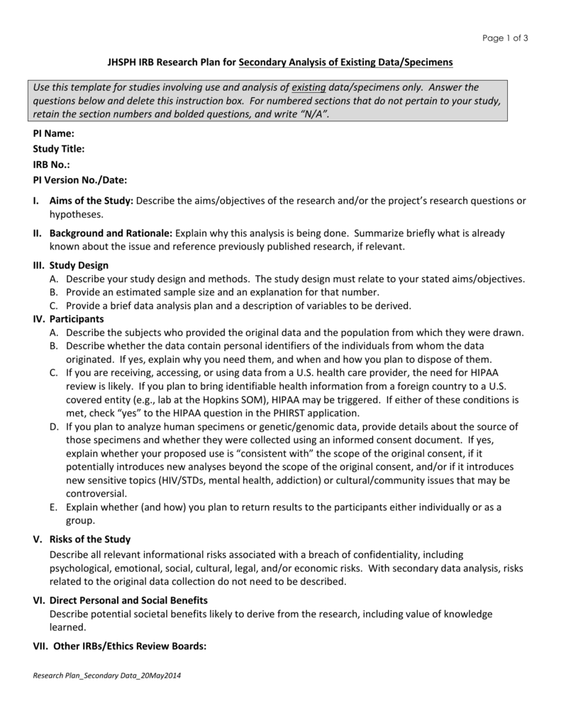 Research Plan For Secondary Data Analysis Of Existing Data