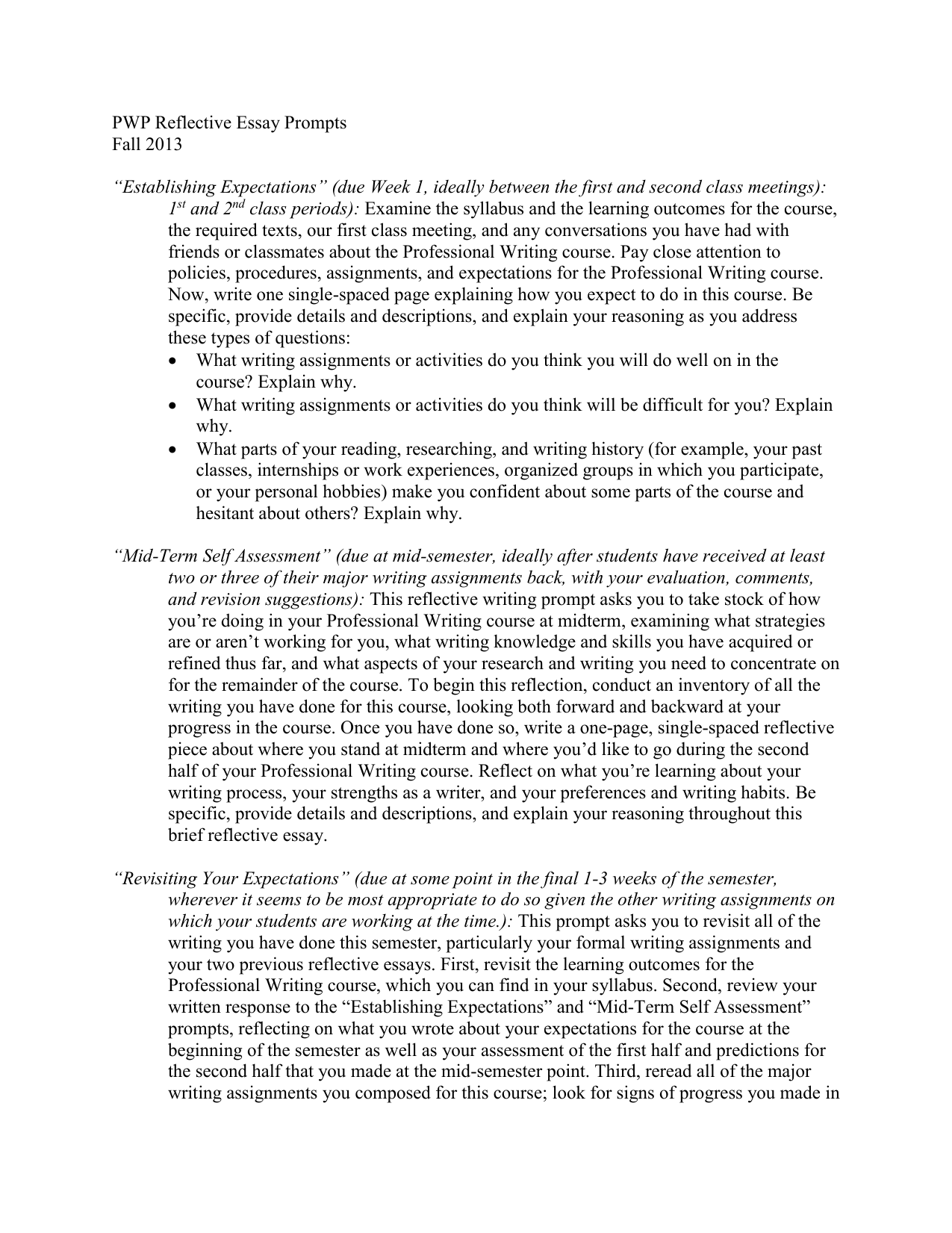 PWP Reflective Essay Prompts PWP Reflective Essay Prompts