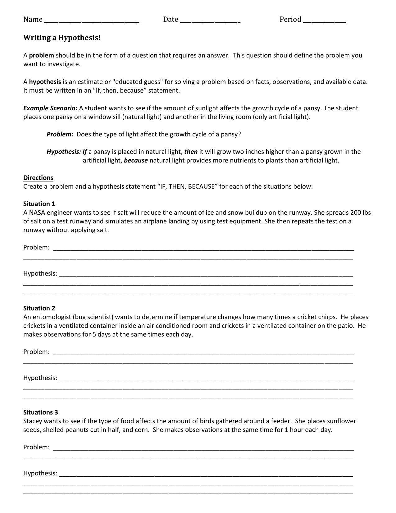 Problem Hypothesis And Variables Worksheet