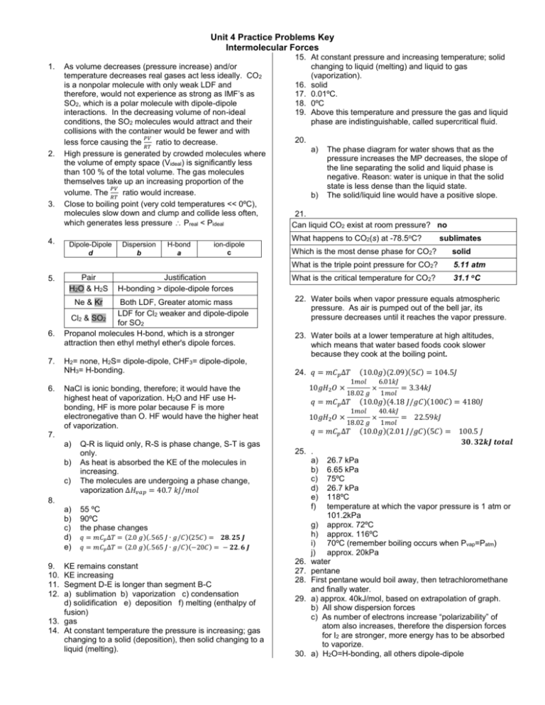 Unit 4 Practice Problems Key Intermolecular Forces As Volume