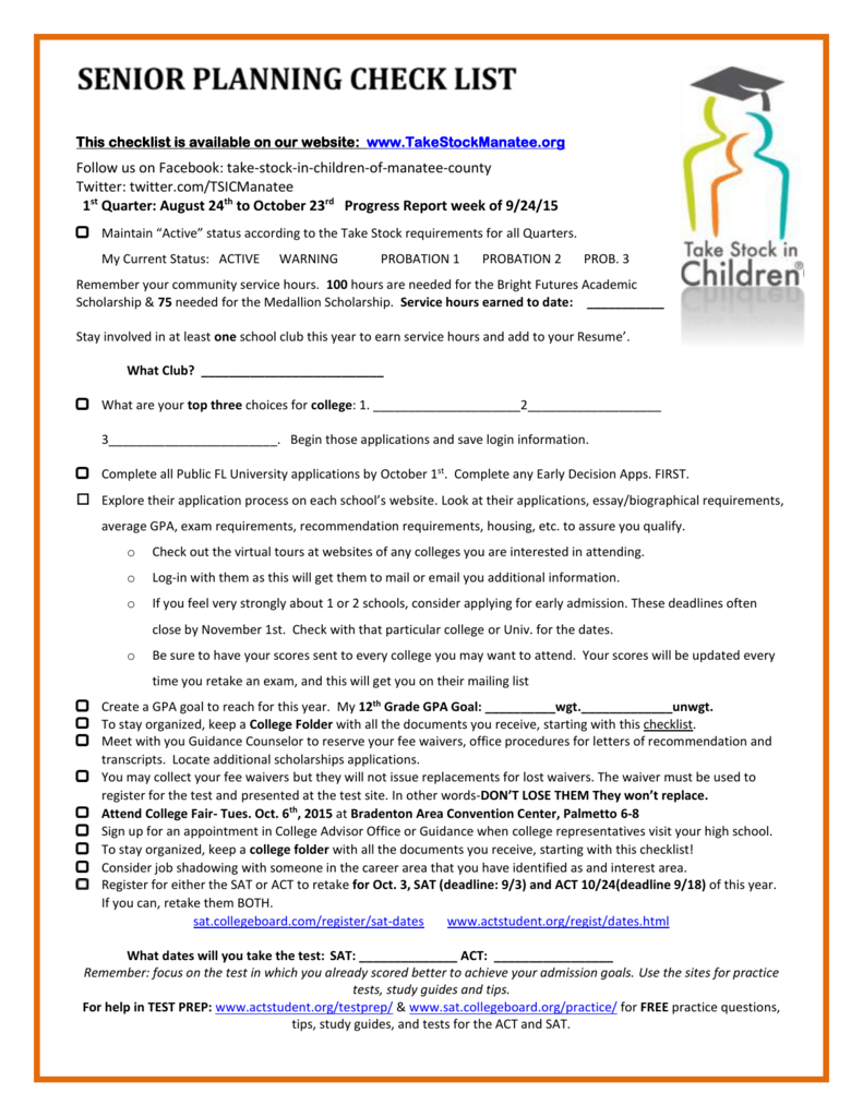 SENIOR PLANNING CHECKLIST SENIOR PLANNING CHECKLIST