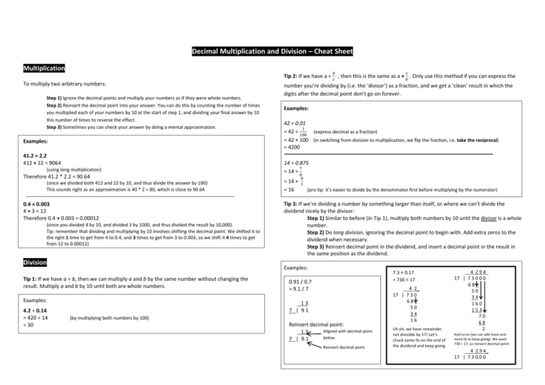 Revision Aid Decimal Multiplication Division sheet