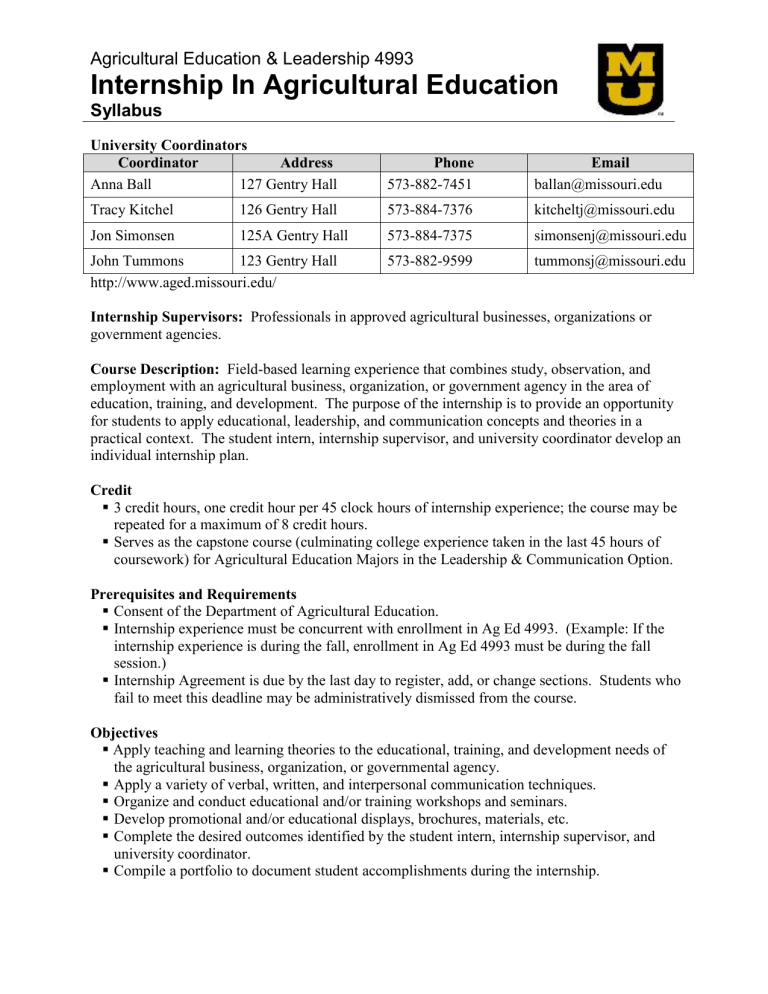 Internship in Agricultural Education and Leadership Syllabus