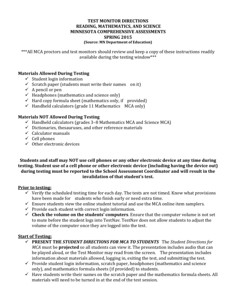 TEST MONITOR DIRECTIONS