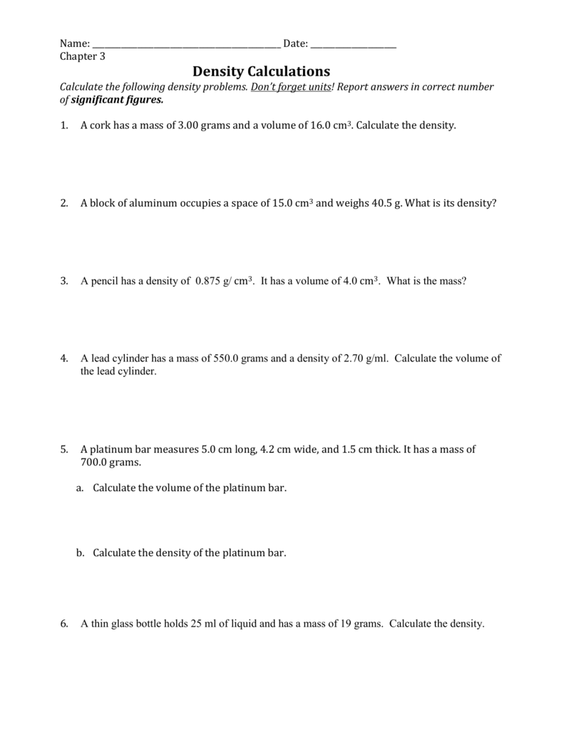 Density Worksheets