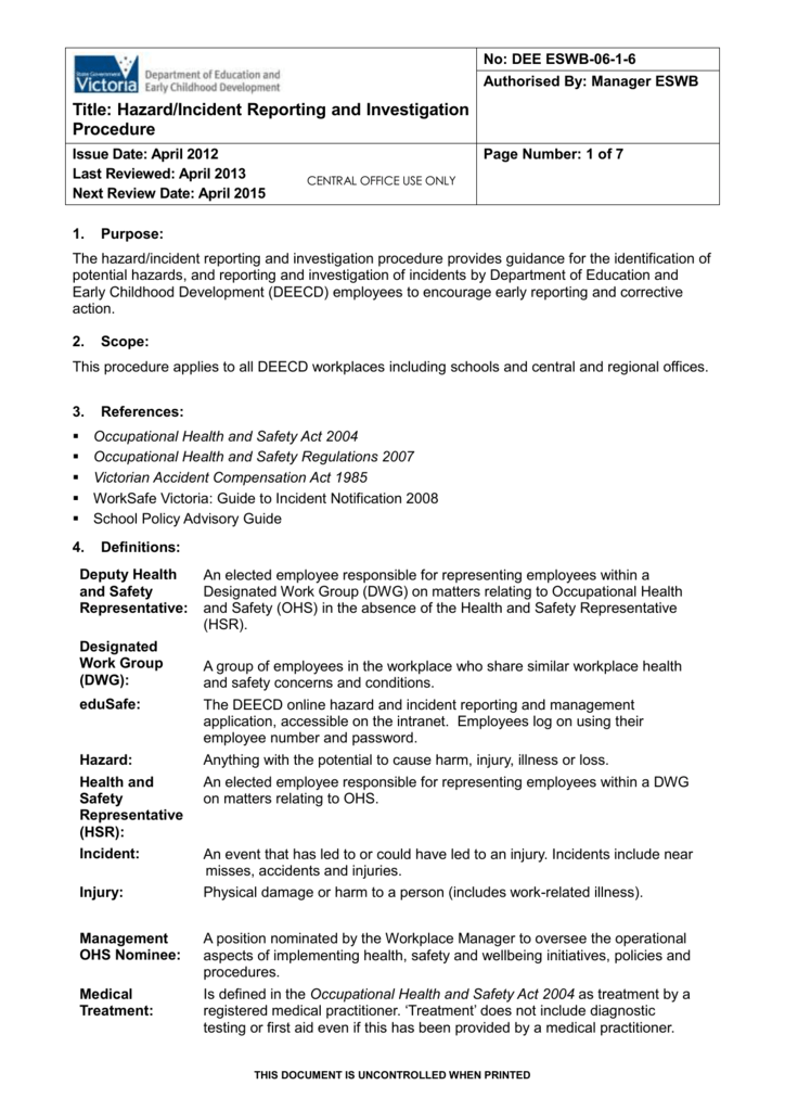 Hazard Incident Investigation And Reporting Procedure