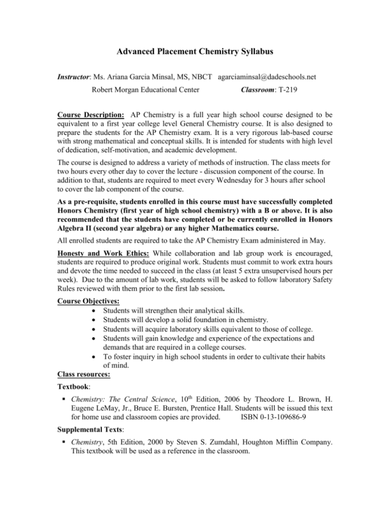 Advanced Placement Chemistry Syllabus
