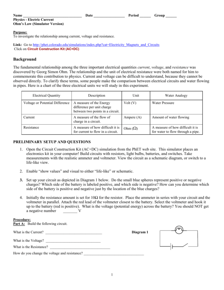 Ohm's Law: Voltage, Current, Resistance Worksheet