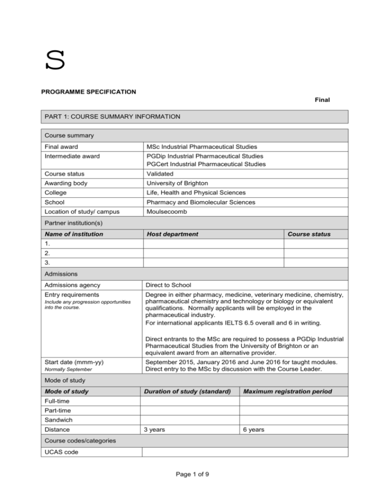 Summary template for Programme Specification