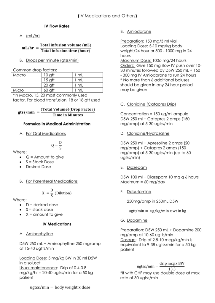 IV Medications And Others IV Flow Rates mL hr Drops Per Minute IV Medications And Others IV Flow Rates mL hr Drops Per Minute