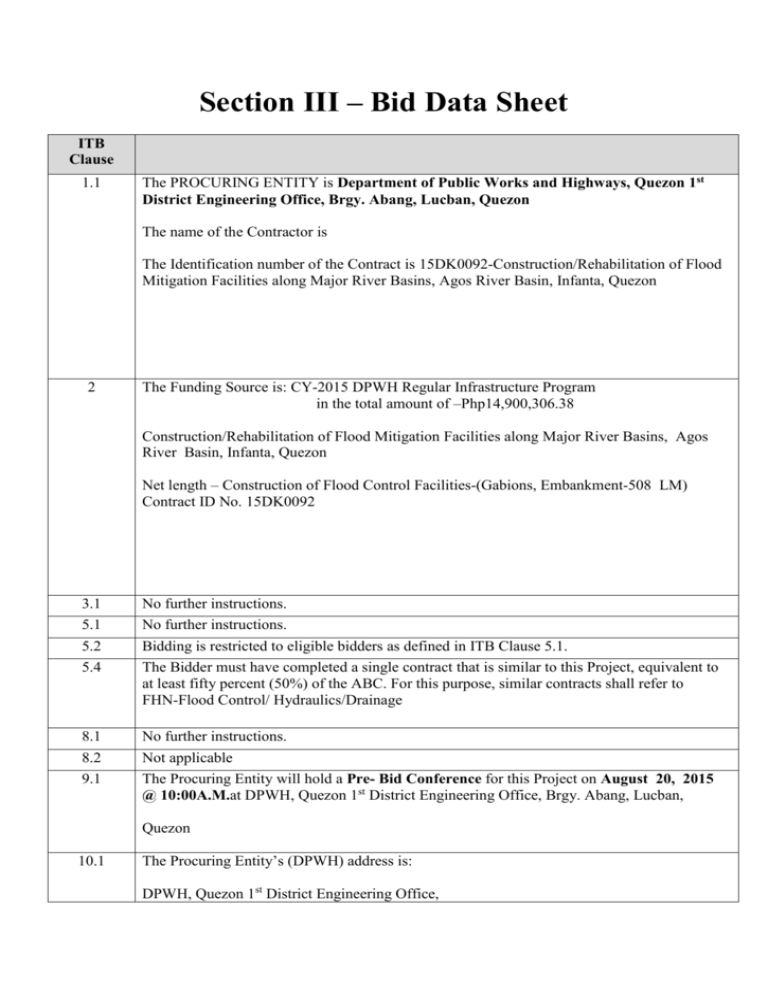 Section III Bid Data Sheet Section III Bid Data Sheet