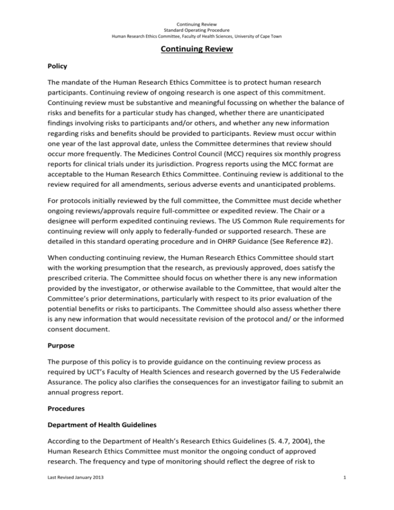 Continuing Review - Faculty of Health Sciences