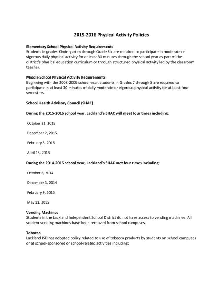 2015 2016 Physical Activity Policies