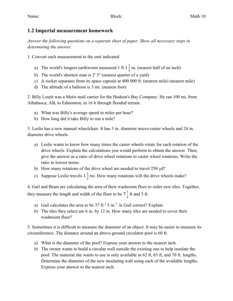 Math 10 Imperial Measurement Homework