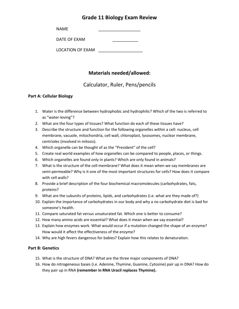 Grade 11 Biology Exam Review Grade 11 Biology Exam Review
