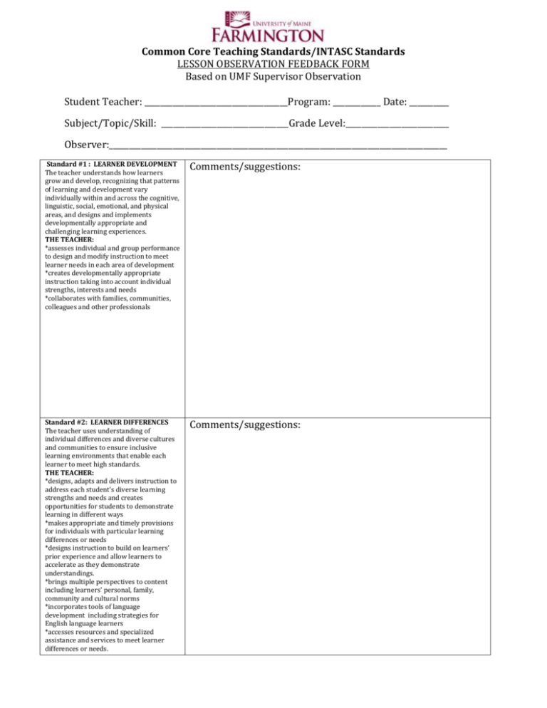 Common Core Teaching Standards INTASC Standards LESSON Common Core Teaching Standards INTASC Standards LESSON