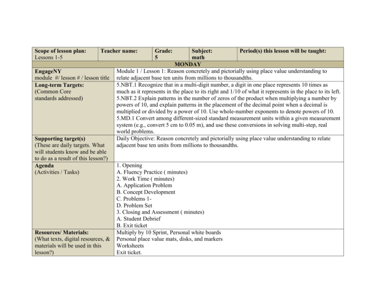 Fifth grade math Module 1 Lessons 1