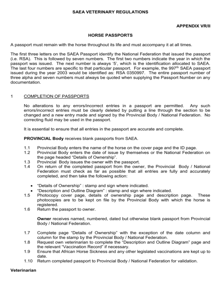 passport protocol saea veterinary regulations