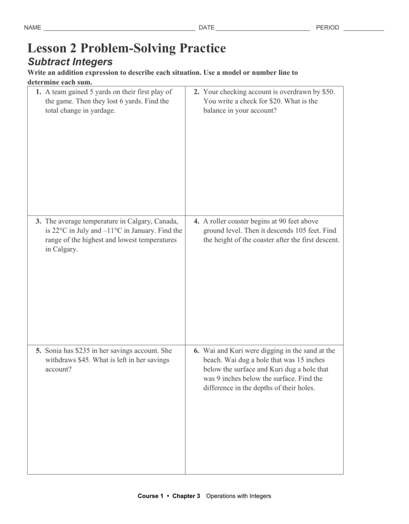 Subtracting Integers Problem Solving Classwork 10 21 15