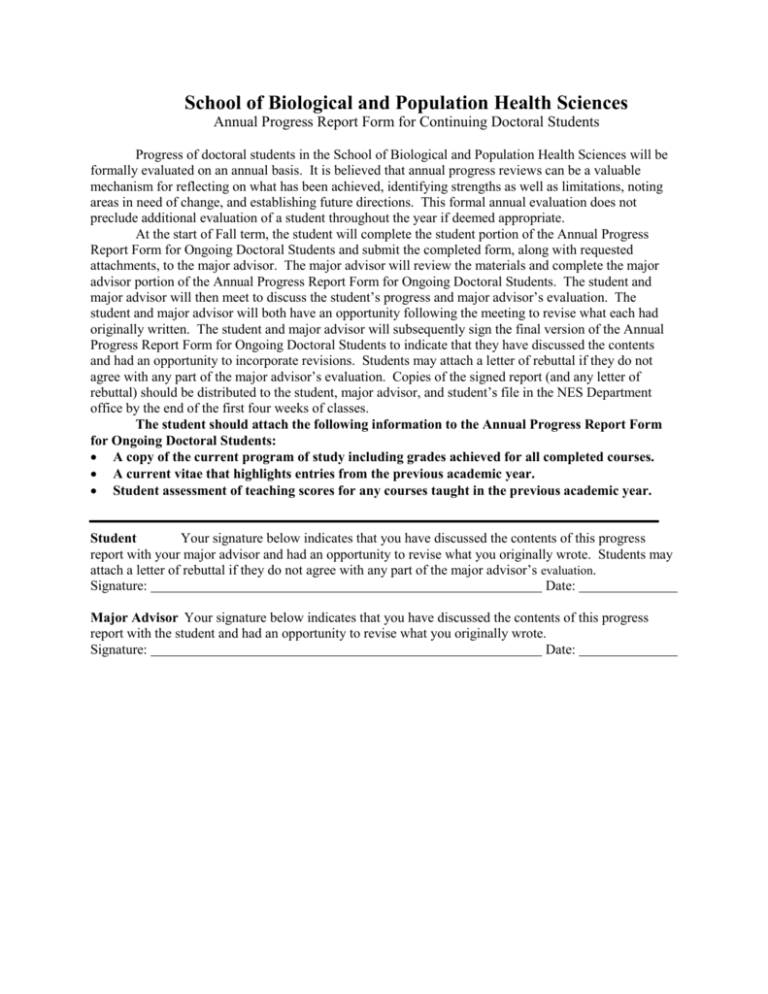 Annual Progress Report Form For Continuing Doctoral Students