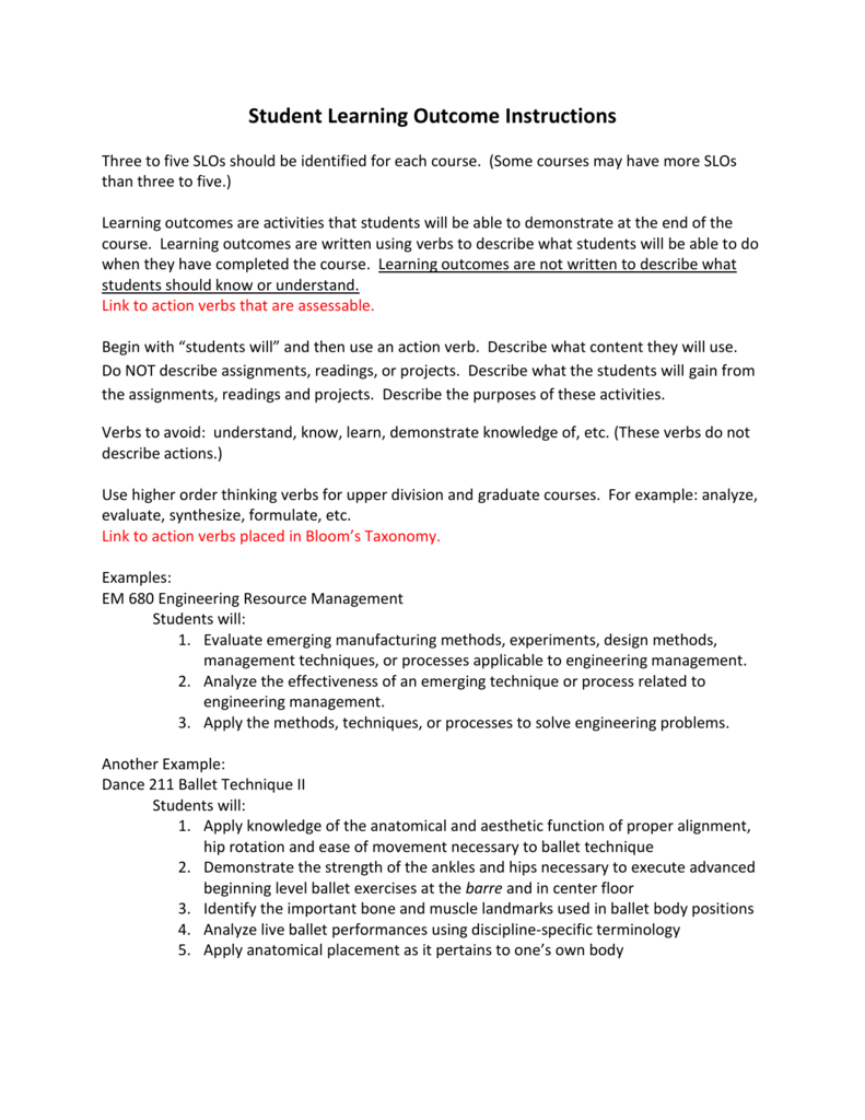 Instructions For Writing Student Learning Outcomes For Courses