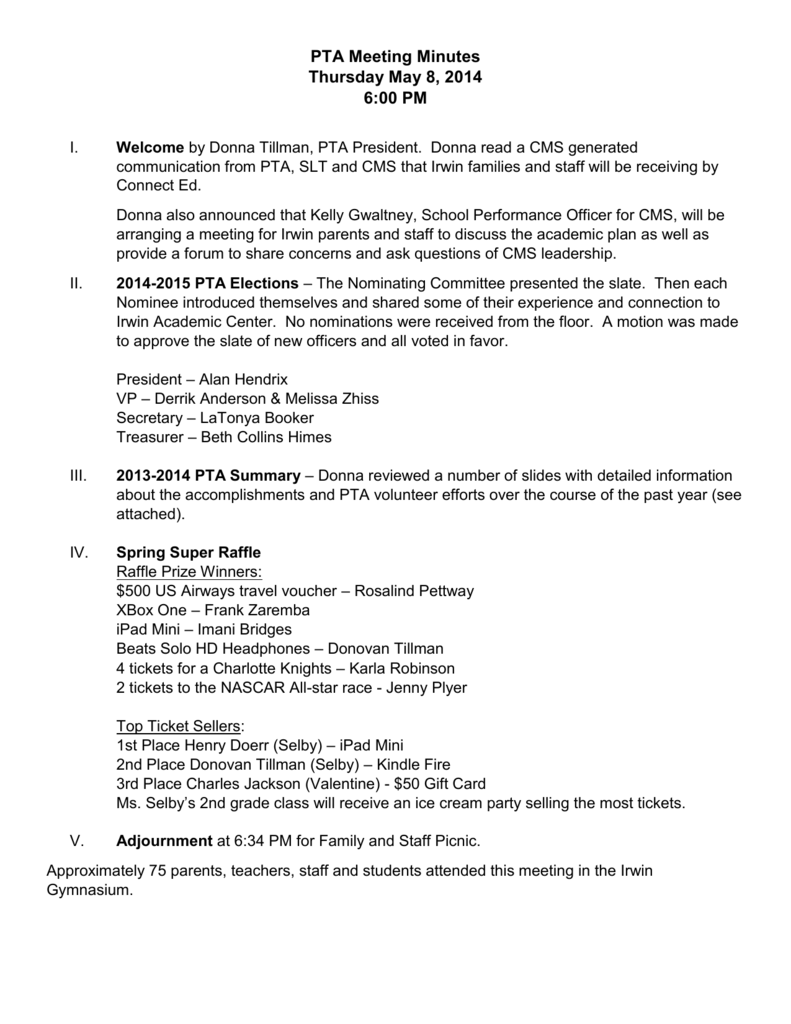 May 8 2014 PTA Meeting Minutes