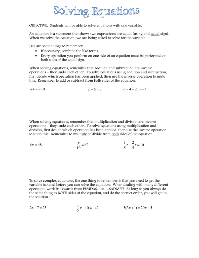 An Equation Is A Statement That Shows Two Expressions Are Equal