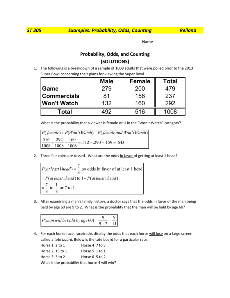 Worked Examples Probability Odds And Counting