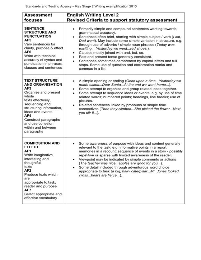 STA Key Stage 2 Writing Criteria Level 2 To STA Key Stage 2 Writing Criteria Level 2 To