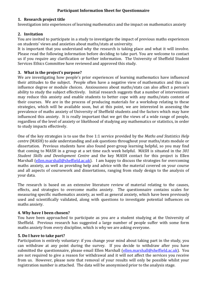 Participant Information Sheet For ionnaire Research Project