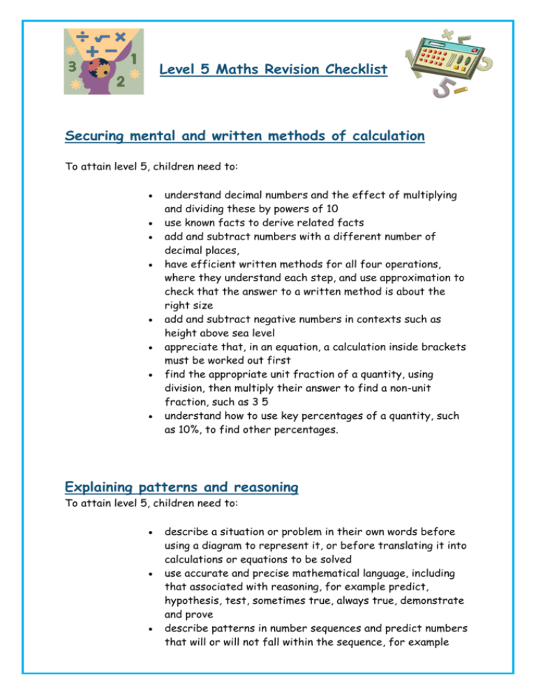 Level 5 Maths Revision Checklist
