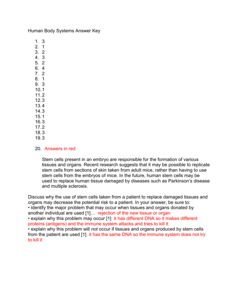 Human Body Systems Answer Key
