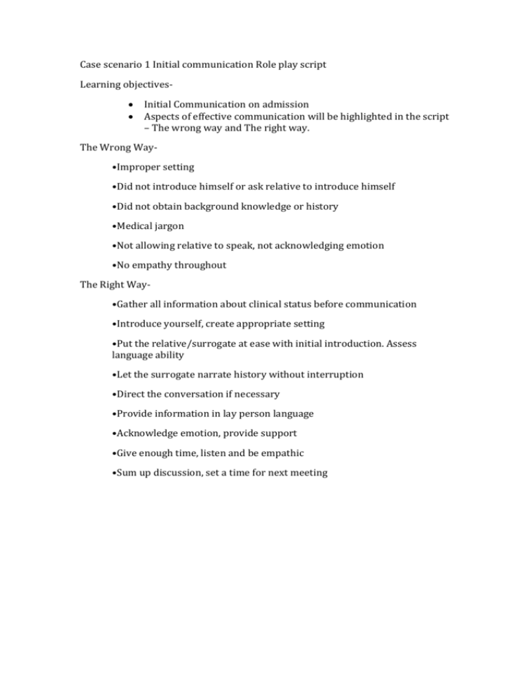 Case Scenario 1 Initial Communication Role Play Script Doc Case Scenario 1 Initial Communication Role Play Script Doc