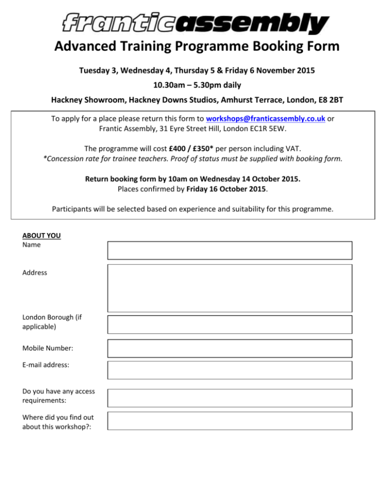 Advanced Training Programme Booking Form